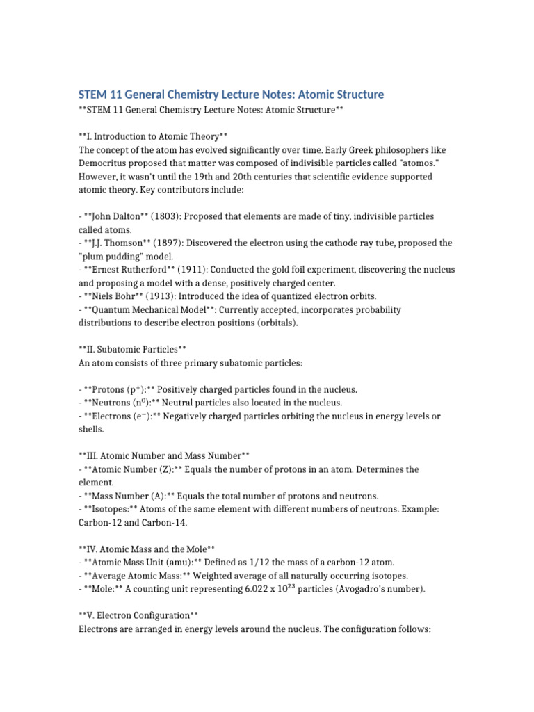 STEM11 GenChem Long 1 Atomic Structure | PDF | Atoms | Electron