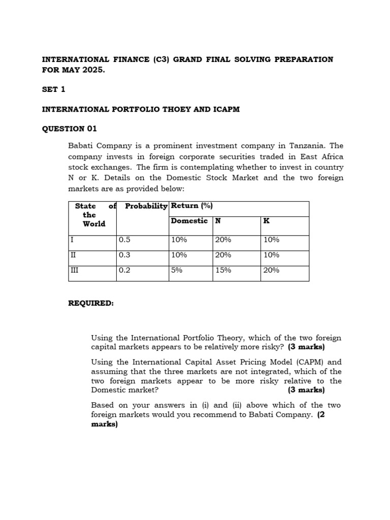 Set 1 Solving Questions-International Portfolio Theory and Icapm Set 1 ...