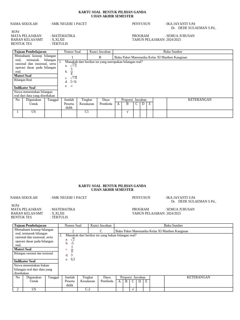 Kartu Soal PG MTK 24-25 Fiks | PDF