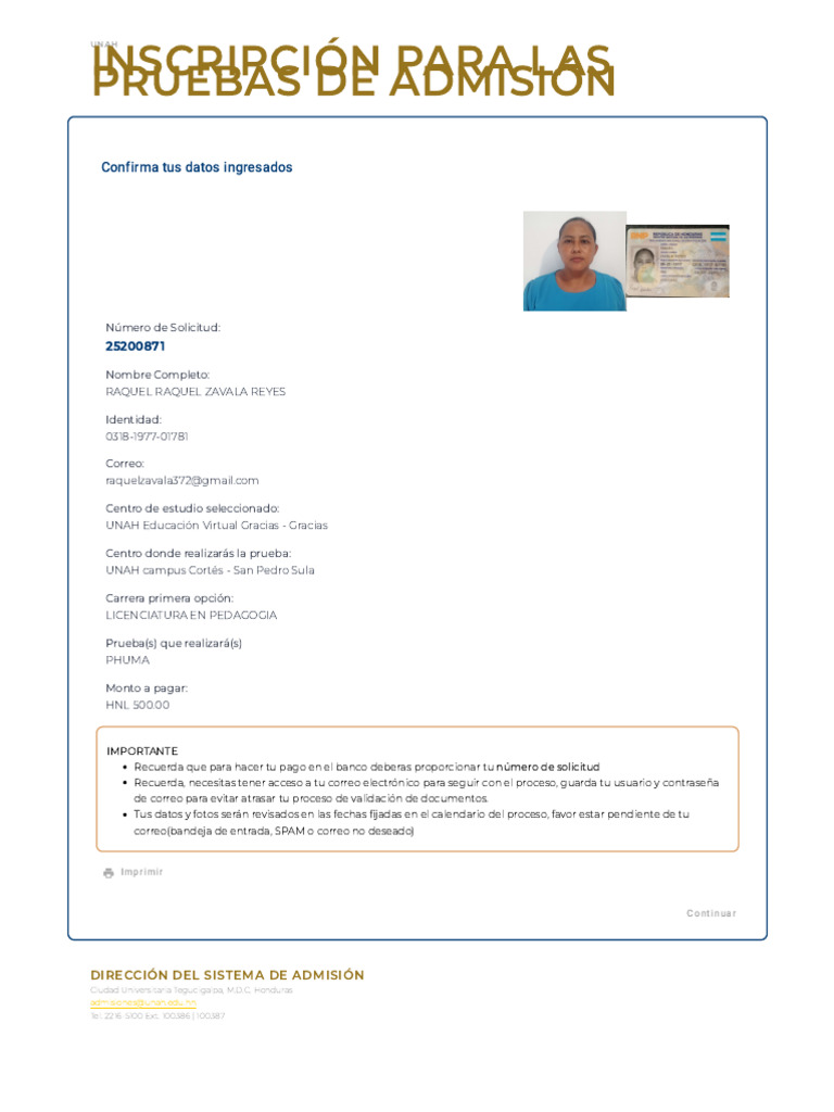 Inscripcion - Admisiones UNAH | PDF