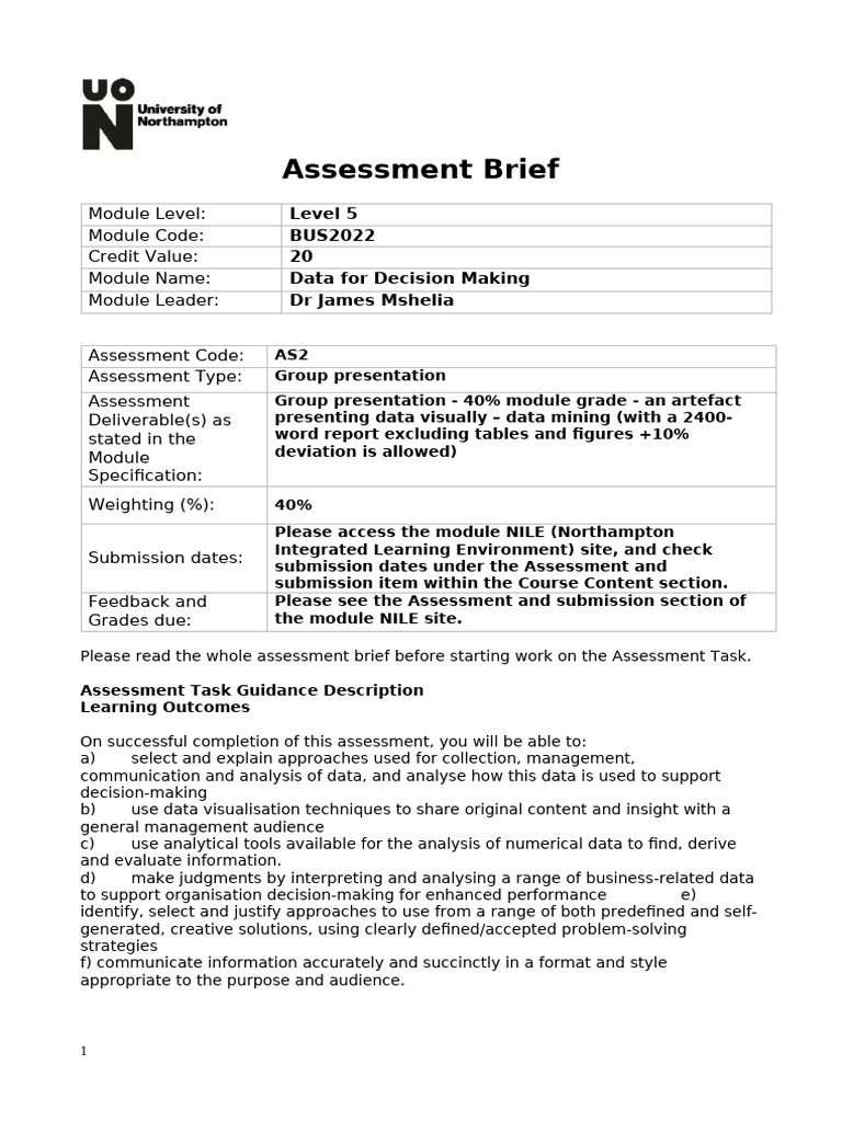BUS2022-AS2 - UON-Standard-Assessment-Brief | PDF | Turnitin | Data