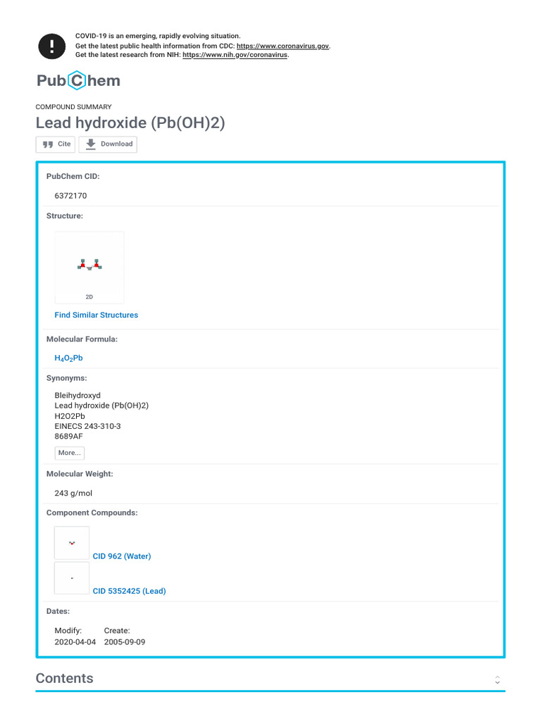 Lead Hydroxide (PB (OH) 2) - H4O2Pb - PubChem | PDF | Chemical ...