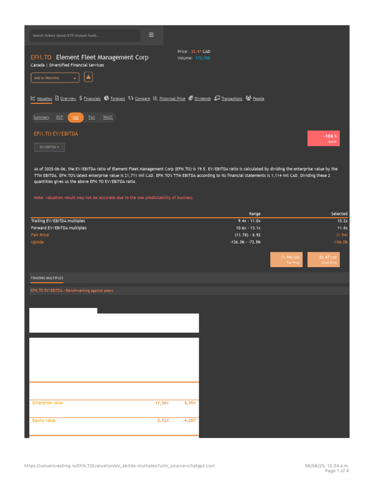EFN - TO EV-EBITDA - Element Fleet Management Corp (EFN - TO) | PDF ...