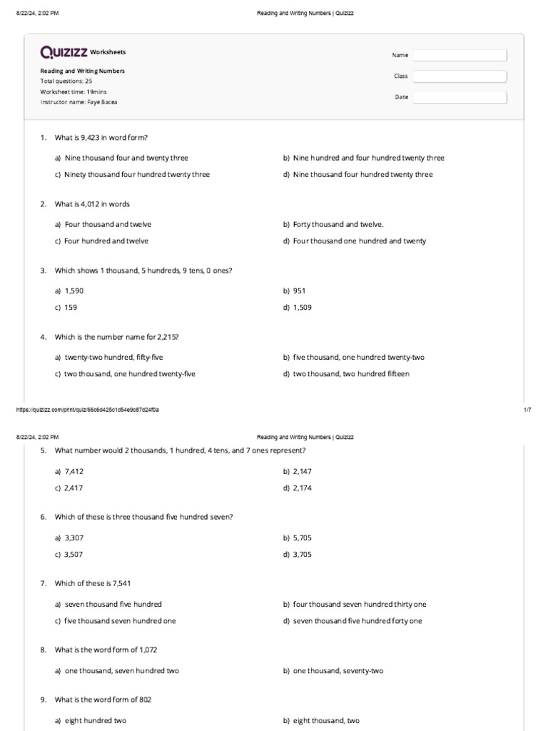 Reading and Writing Numbers - Quizizz | PDF | Reading (Process) | Learning Methods