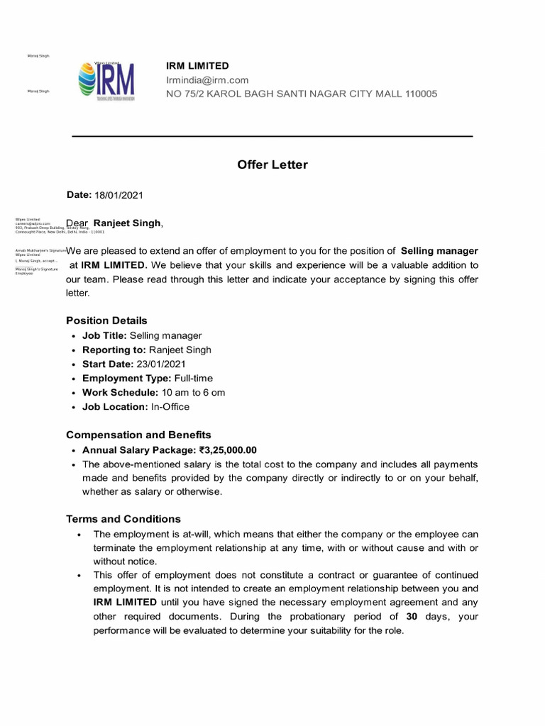 Final Offer Letter Exact Format | PDF