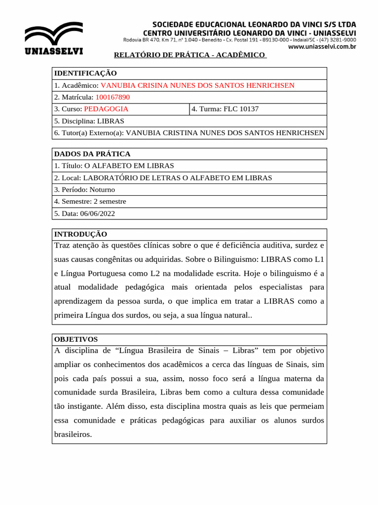 Modelo de Relatório de Prática Acadêmico Libras | PDF