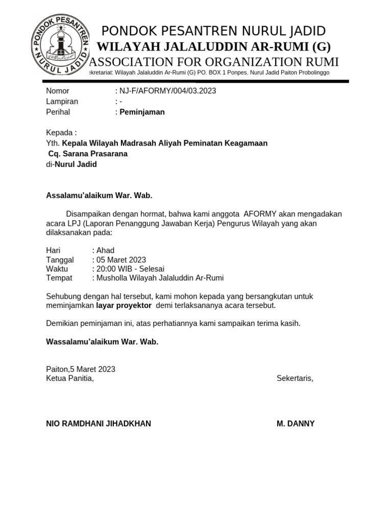 Surat Peminjaman Layar Proyektor | PDF