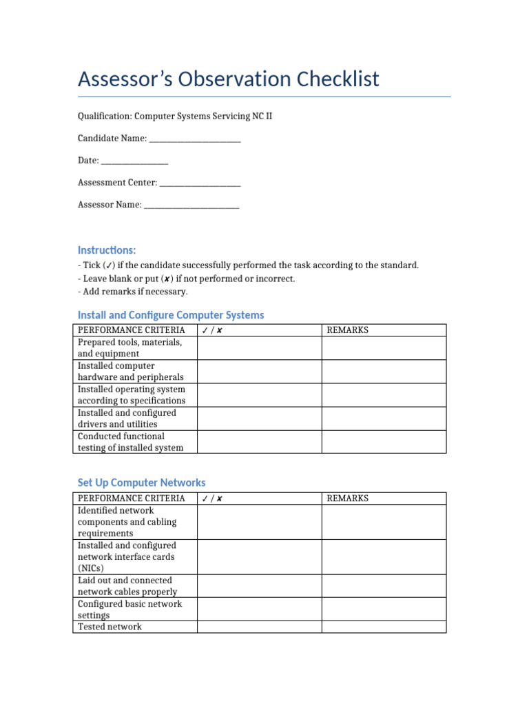 CSS NCII Assessor Observation Checklist | PDF | Computer Network | Software