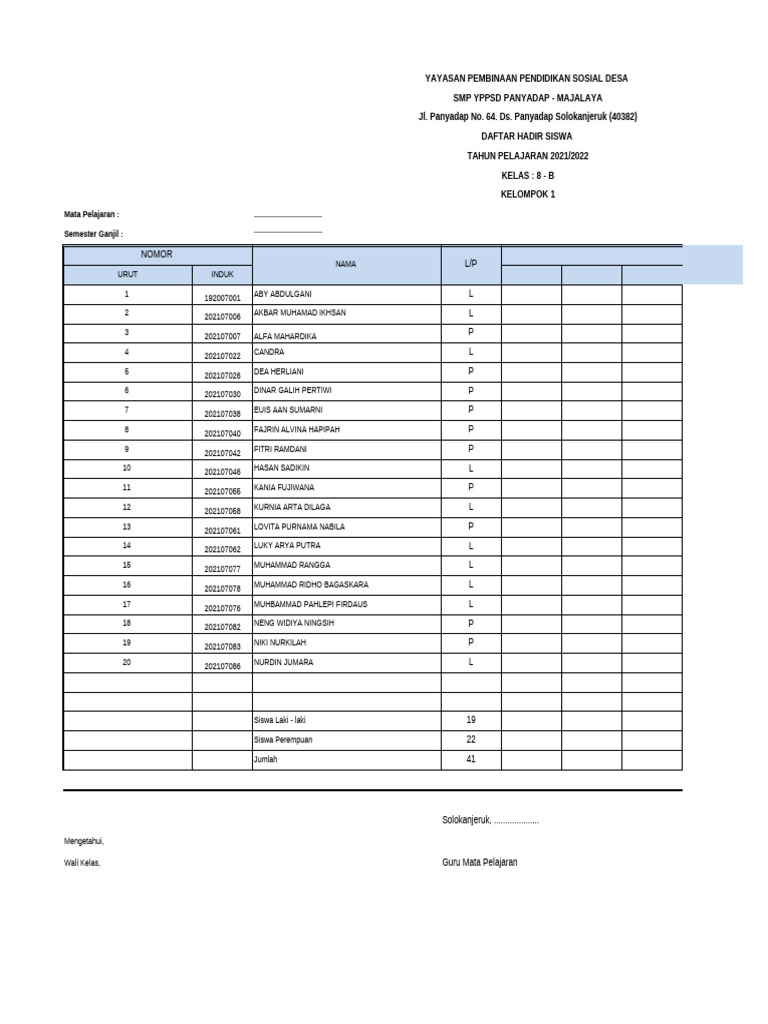 Daftar Hadir Siswa Kelas 8B SMP YPPSD | PDF