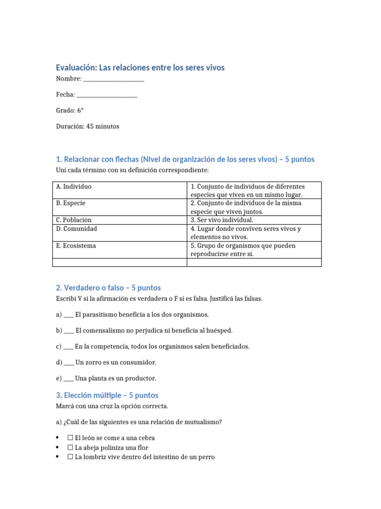 Evaluación de relaciones ecológicas 6° | PDF | Biología | Ecología