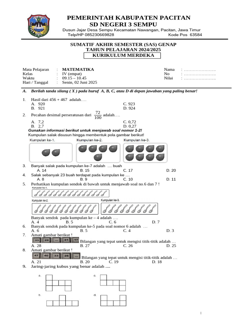 Naskah Sumatif Matematika Kelas 4 Semester Genap 2024 - 2025 | PDF