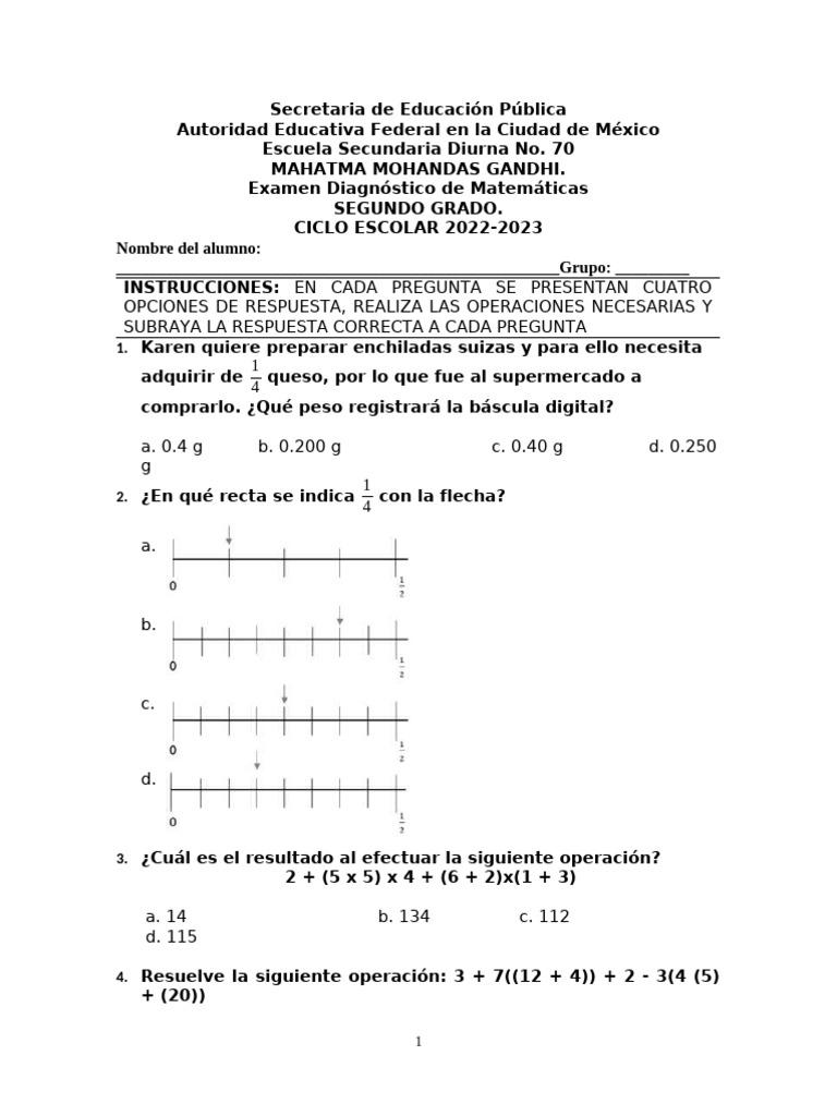 Diagnóstico Segundo Grado Matemáticas. | PDF | Matemáticas | Geometría Elemental