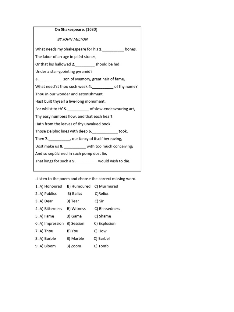 On Shakespeare - Poem | PDF