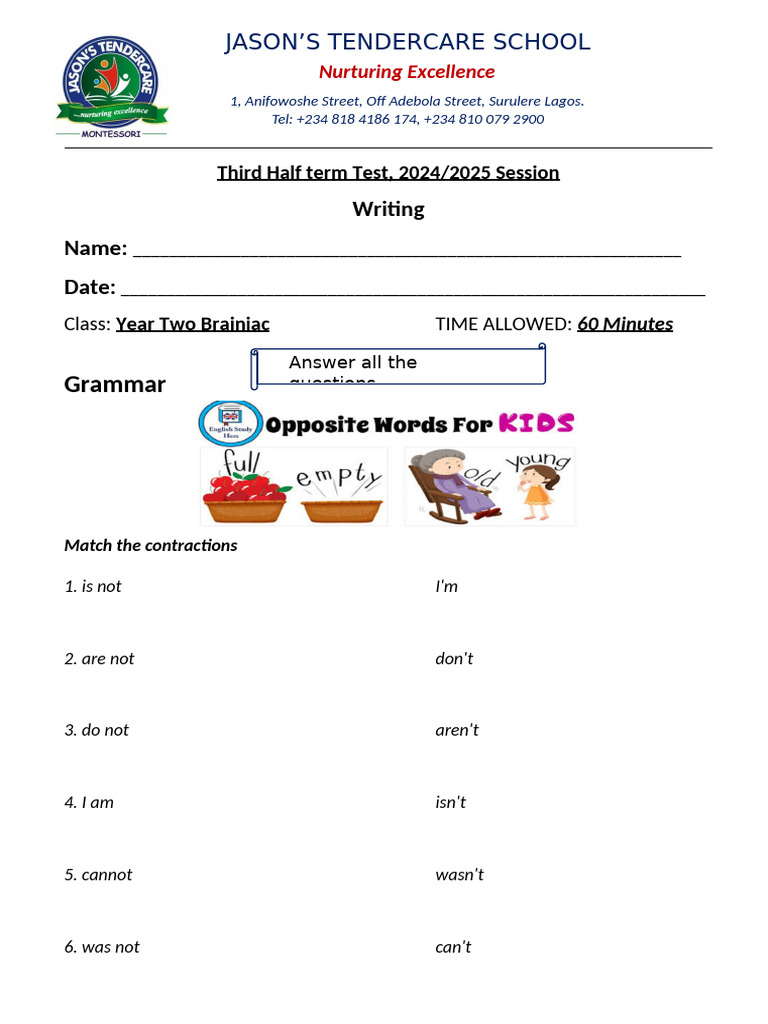 Year Two Test at Jason's Tendercare School | PDF