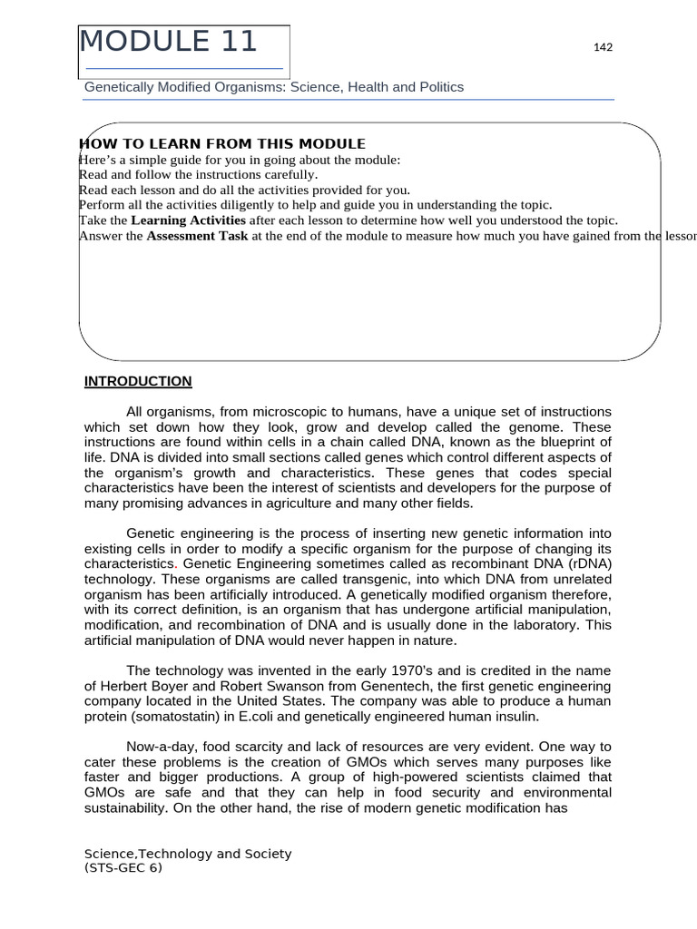 Module11. Genetically Modified Organisms Science Health and Politics ...