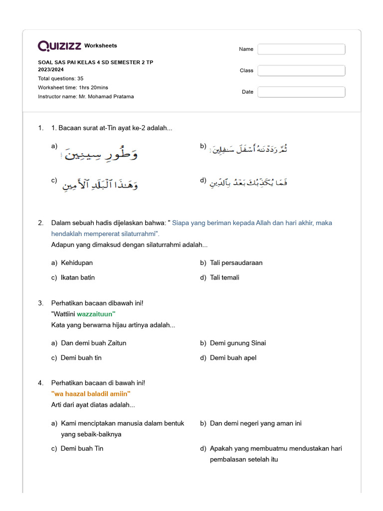 Soal Sas Pai Kelas 4 SD Semester 2 TP 2023 - 2024 - Quizizz | PDF
