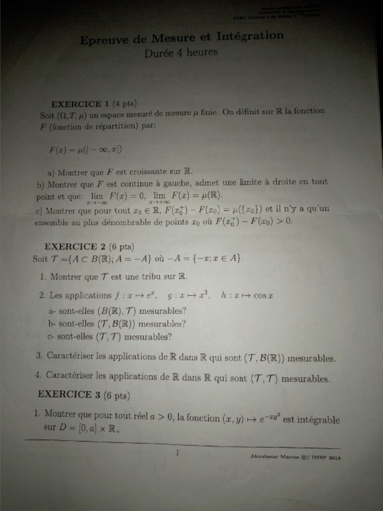 Examen de Mesure Et Intégration | PDF