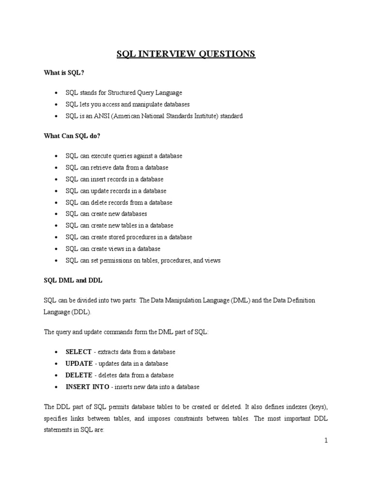 Sql Interview Questions Pdf Sql Database Index