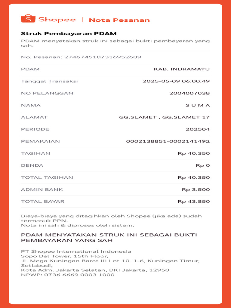 Nota Pesanan: Struk Pembayaran PDAM | PDF