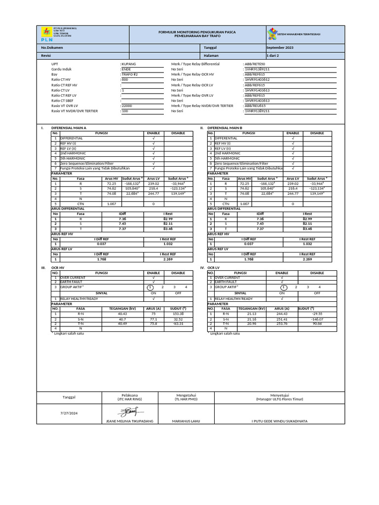 Form Monitoring Pengukuran Pasca Pemeliharaan TRF | PDF