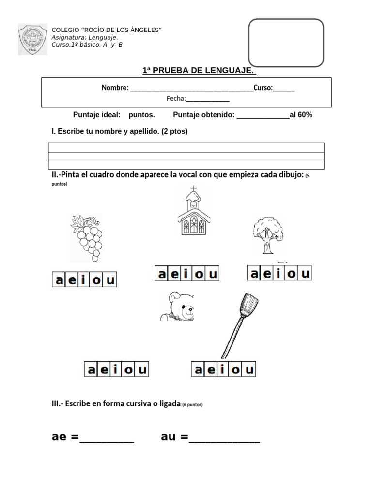 Prueba de Lenguaje 1º Básico A y B | PDF