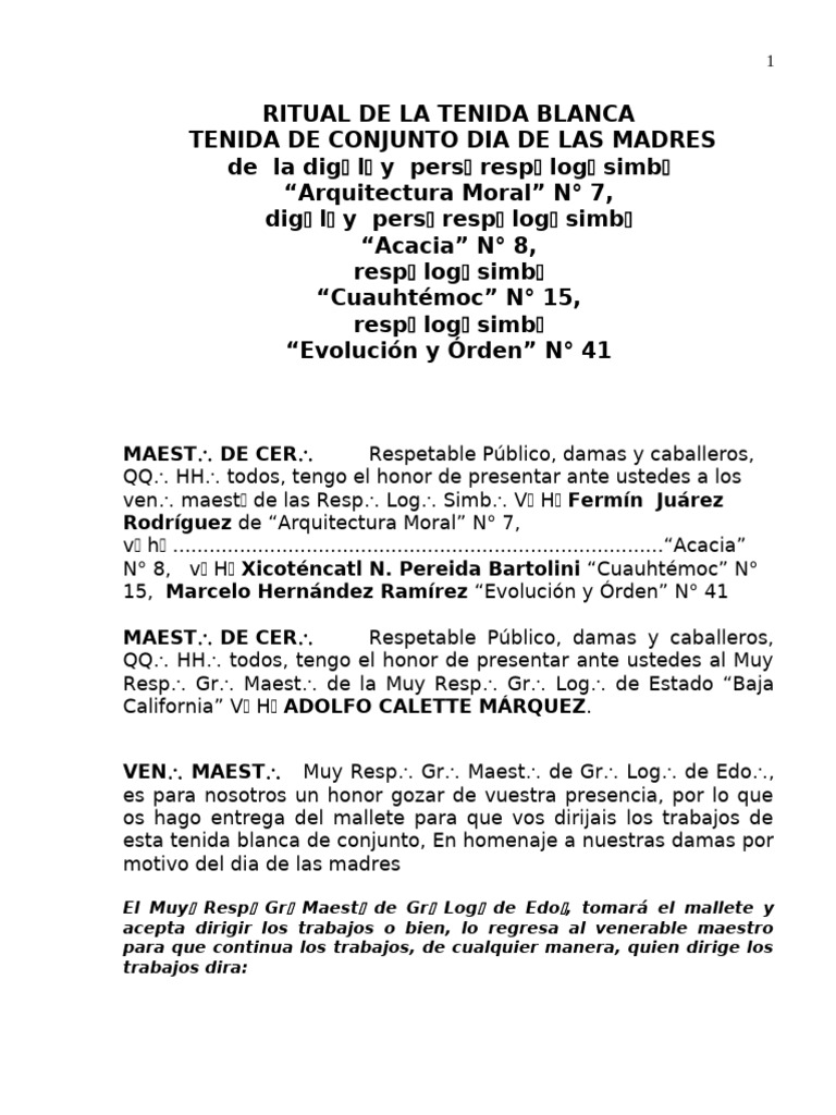 Ritual de La Tenida Blanca Dia de Las Madres | PDF | Masonería