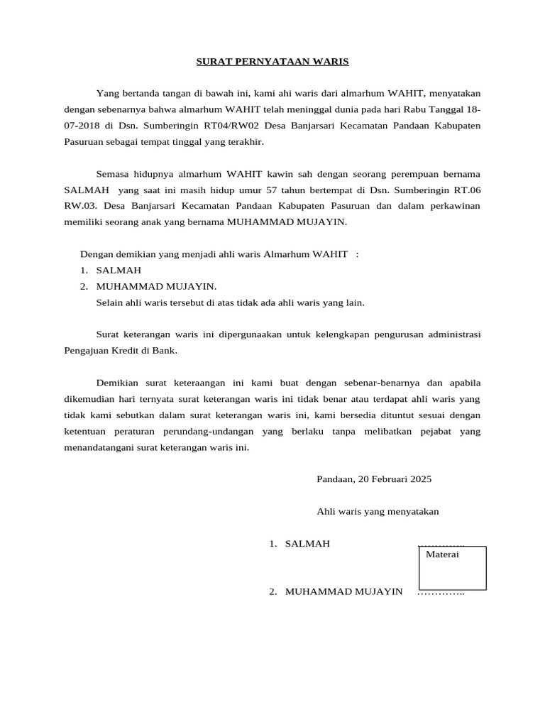 Surat Pernyataan Waris New | PDF