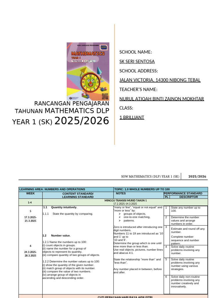 RPT MATH DLP YEAR 1 2025 | PDF | Shape | Volume