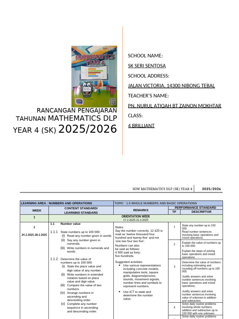 RPT Math DLP Year 4 2025 | PDF | Decimal | Numbers