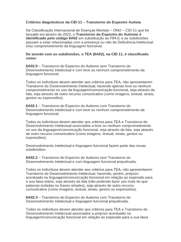 Critérios da CID-11 para Autismo | PDF | Autismo | Distúrbio mental