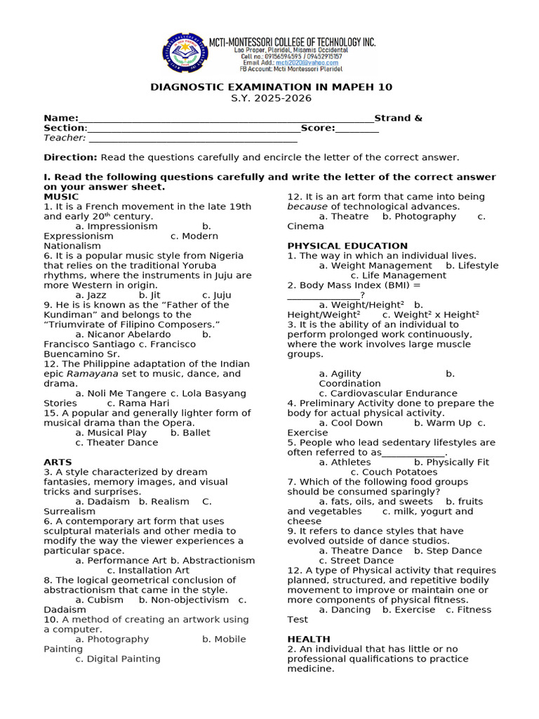 Diagnostic Test MAPEH 10 | PDF