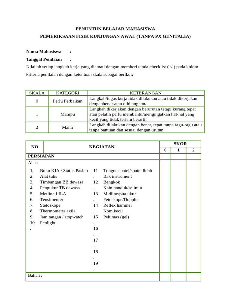 2_DAFTAR_TILIK_PEMERIKSAAN_FISIK_KUNJUNGAN_AWAL_TANPA_PX_GENITALIA (1) | PDF