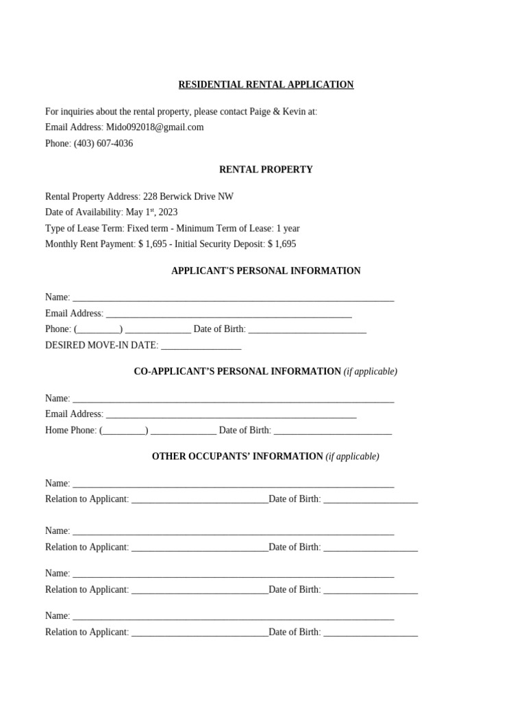 Residential Rental Application (Blank Form) | PDF | Renting | Landlord