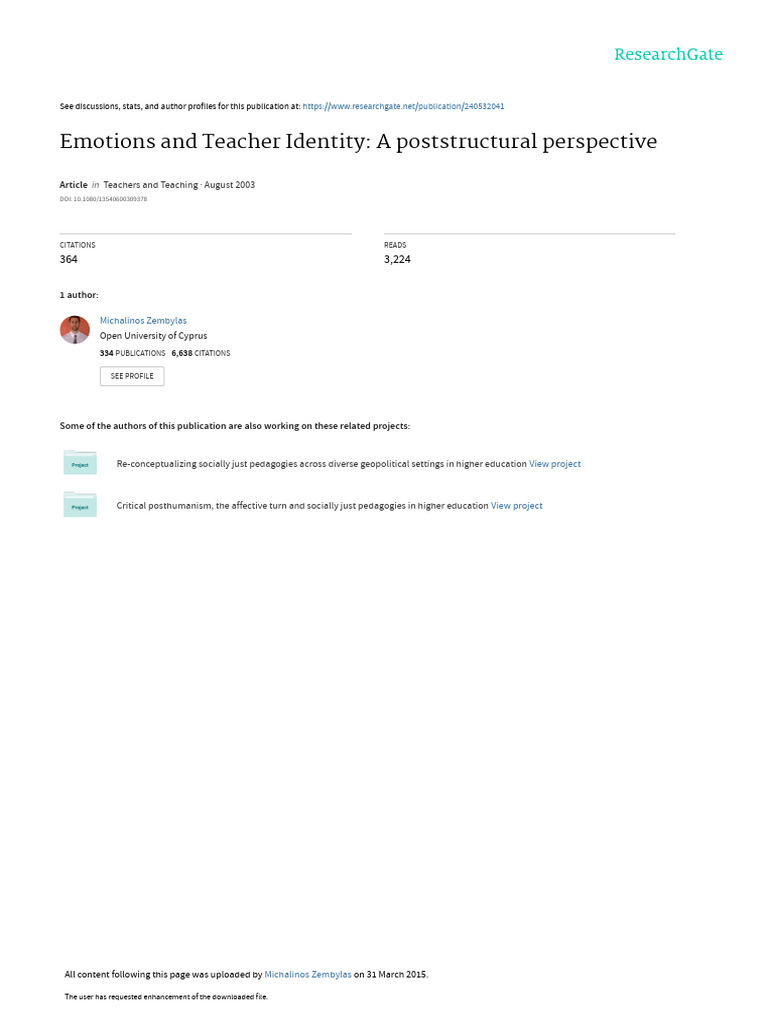 Emotions and Teacher Identity Poststructural | PDF | Emotions ...