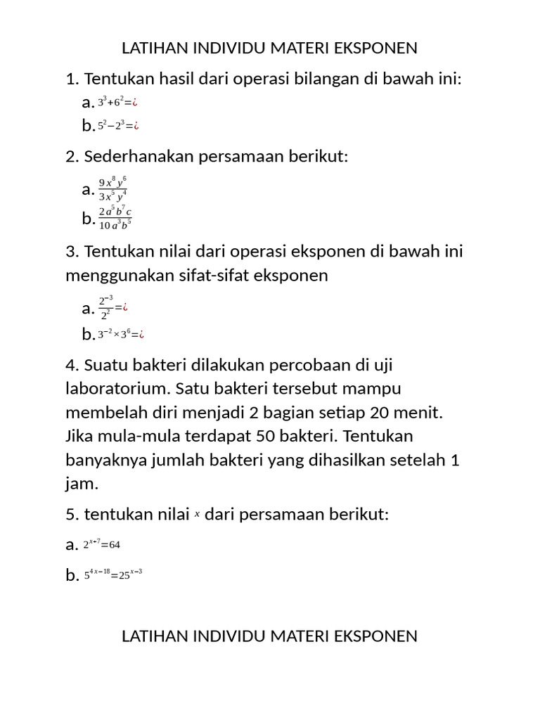 Latihan Individu Materi Eksponen | PDF