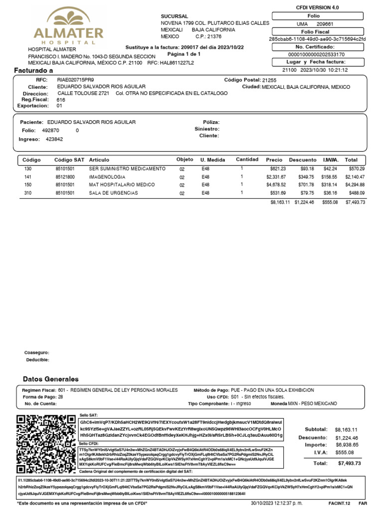Factura Hospital Almater Mexicali | PDF