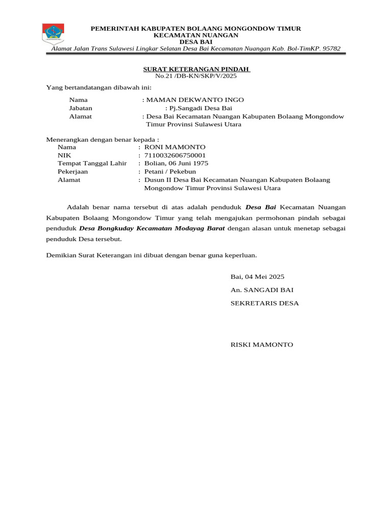 21. Surat Pindah Roni | PDF