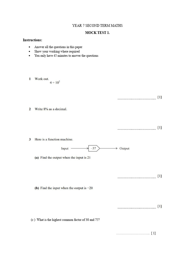 Year 7 Maths Mock Test - Term 2 | PDF