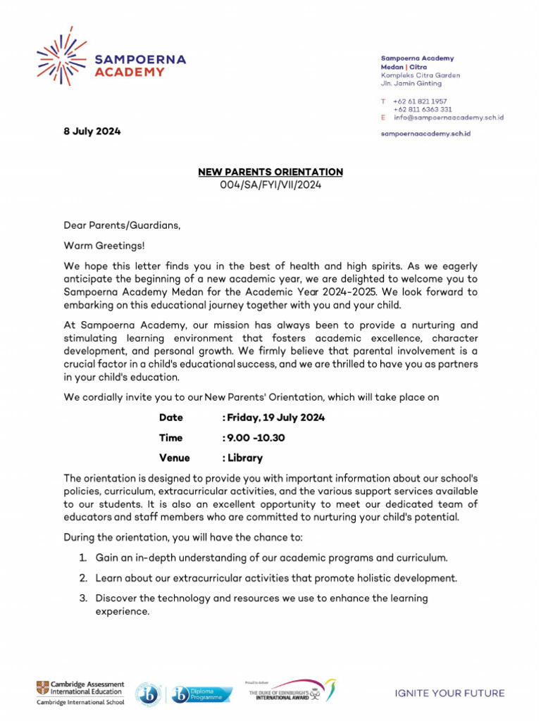 New Parents Orientation Letter - Signed | PDF
