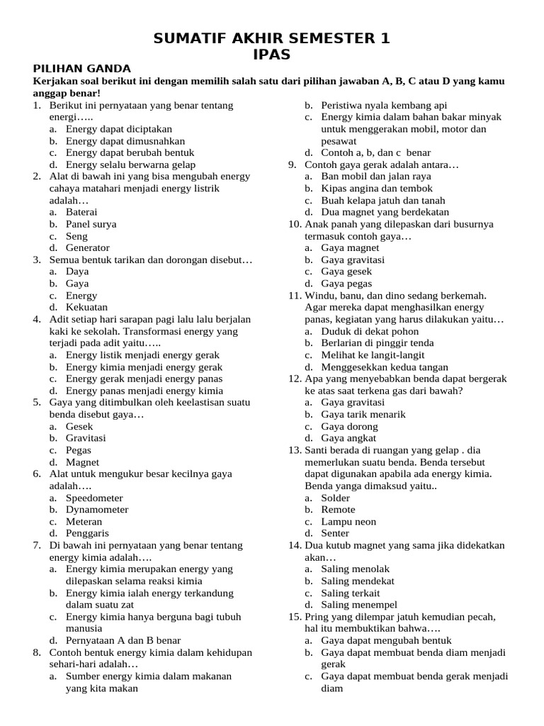 Sumatif Akhir Semester 1 Kelas 4 | PDF