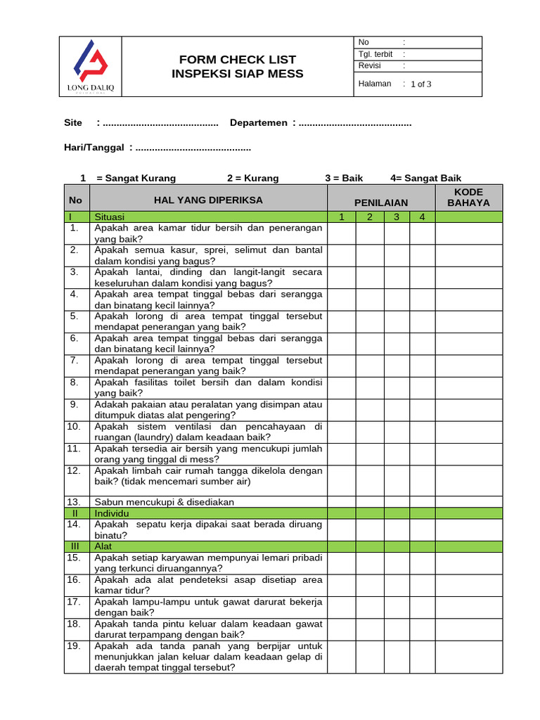 Form Checklist Inspeksi Area Mess | PDF