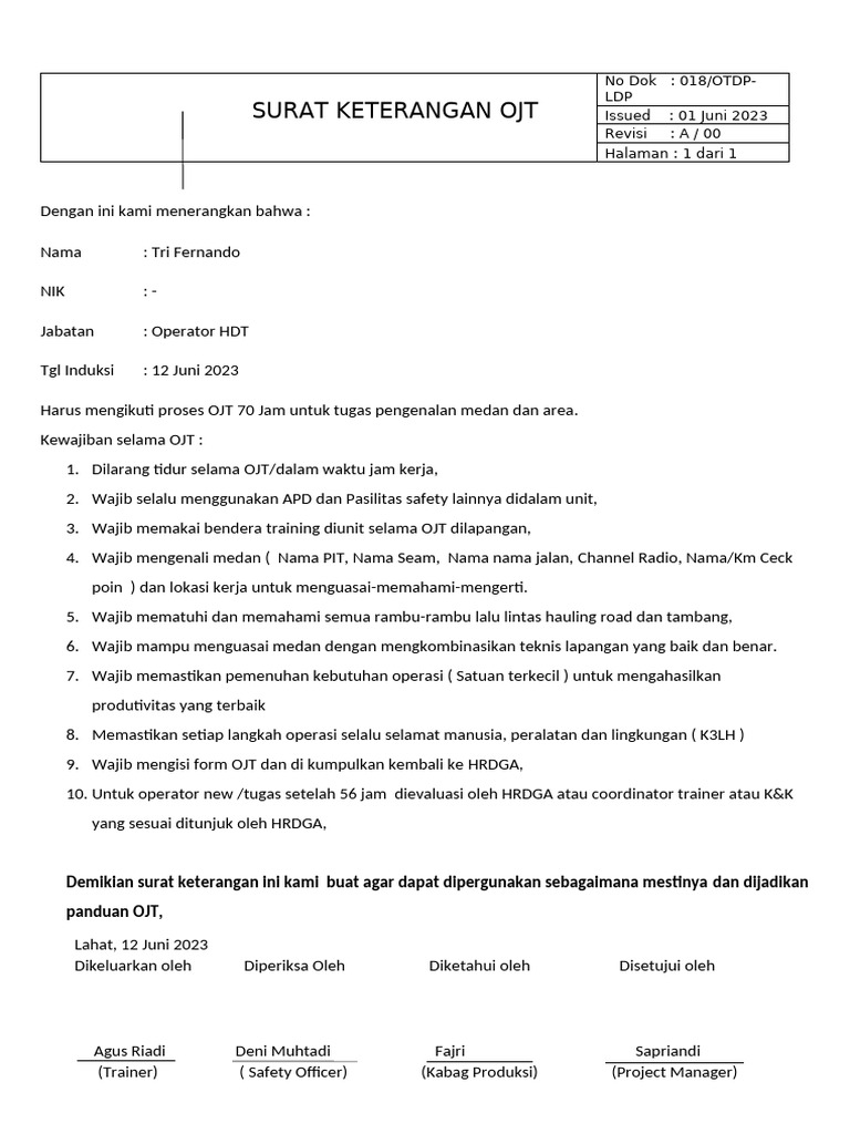 1 FORM Depan PENGANTAR OJT | PDF