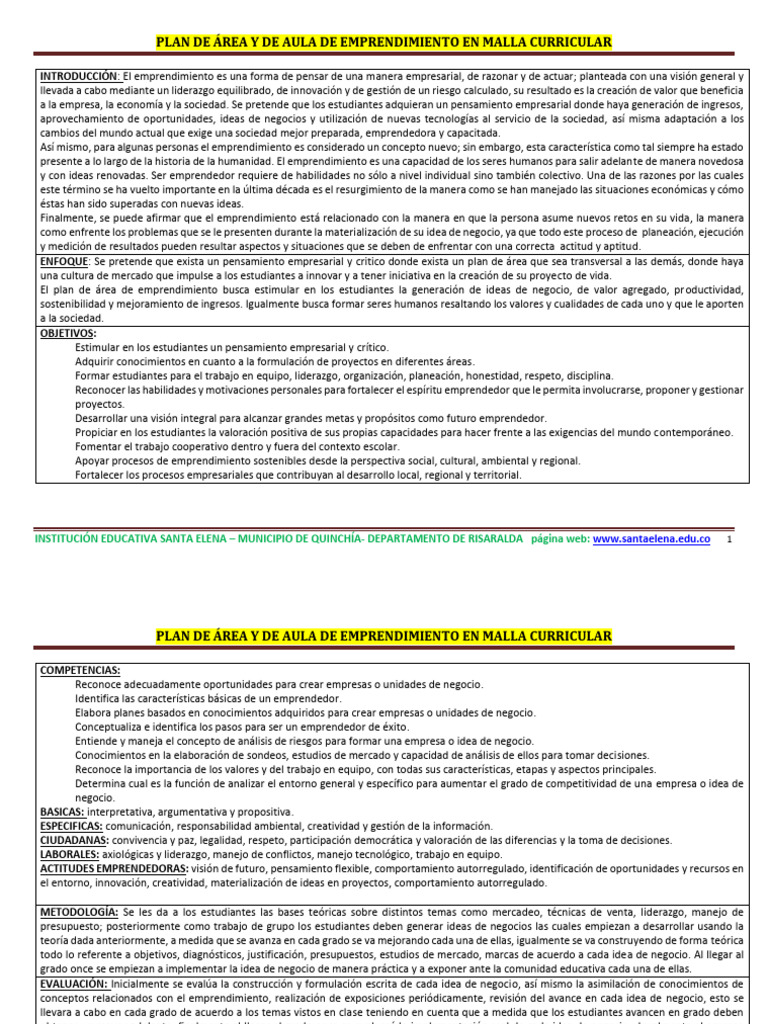 Emprendimiento, Plan de Área y Plan de Aula, en Malla Curricular | PDF | Iniciativa empresarial ...