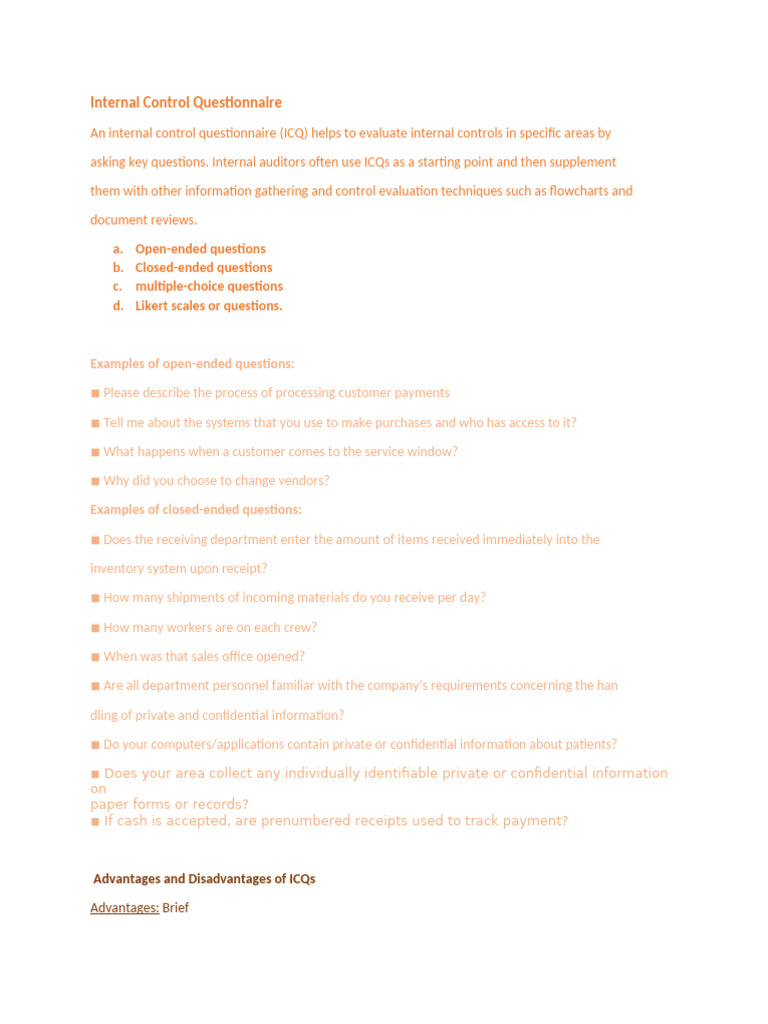 Internal Control Questionnaire | PDF