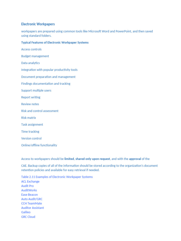 Electronic Workpaper System Features | PDF