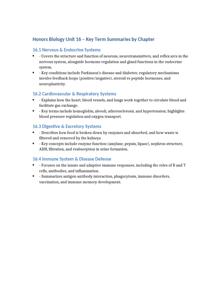 Honors Biology Unit 16 Key Terms Summary | PDF