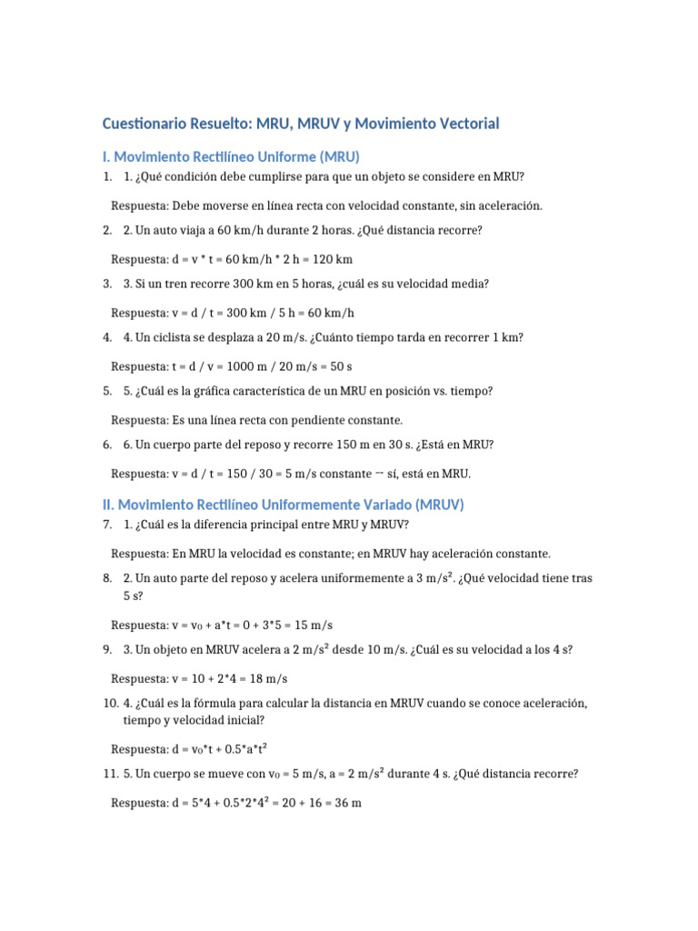 Cuestionario Resuelto Fisica MRU MRUV Vectorial | PDF | Aceleración | Velocidad