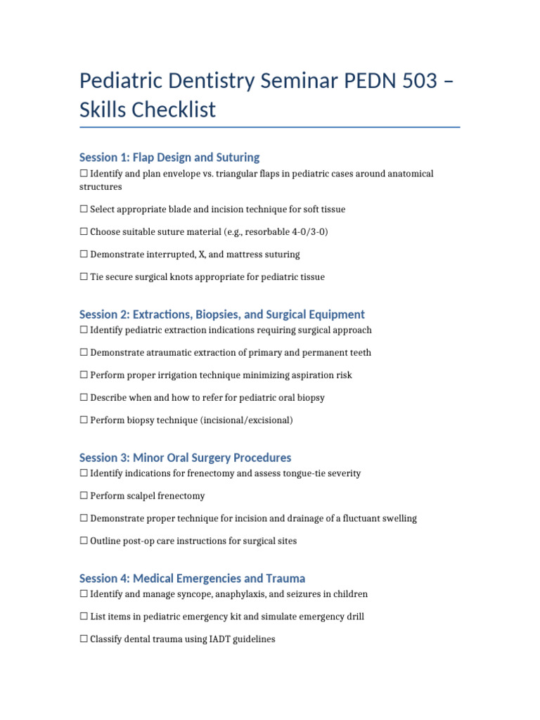 Pediatric Dentistry Skills Checklist | PDF
