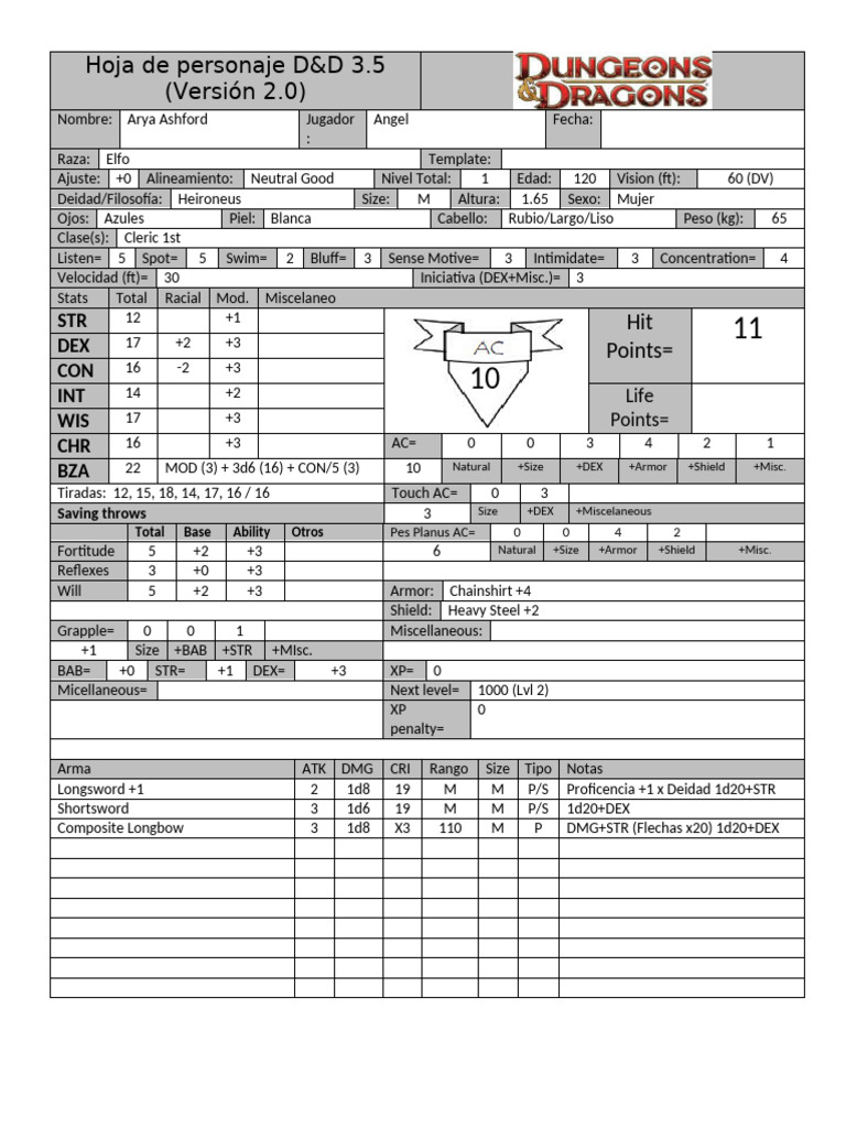 Hoja de Personaje - Arya Ashford | PDF