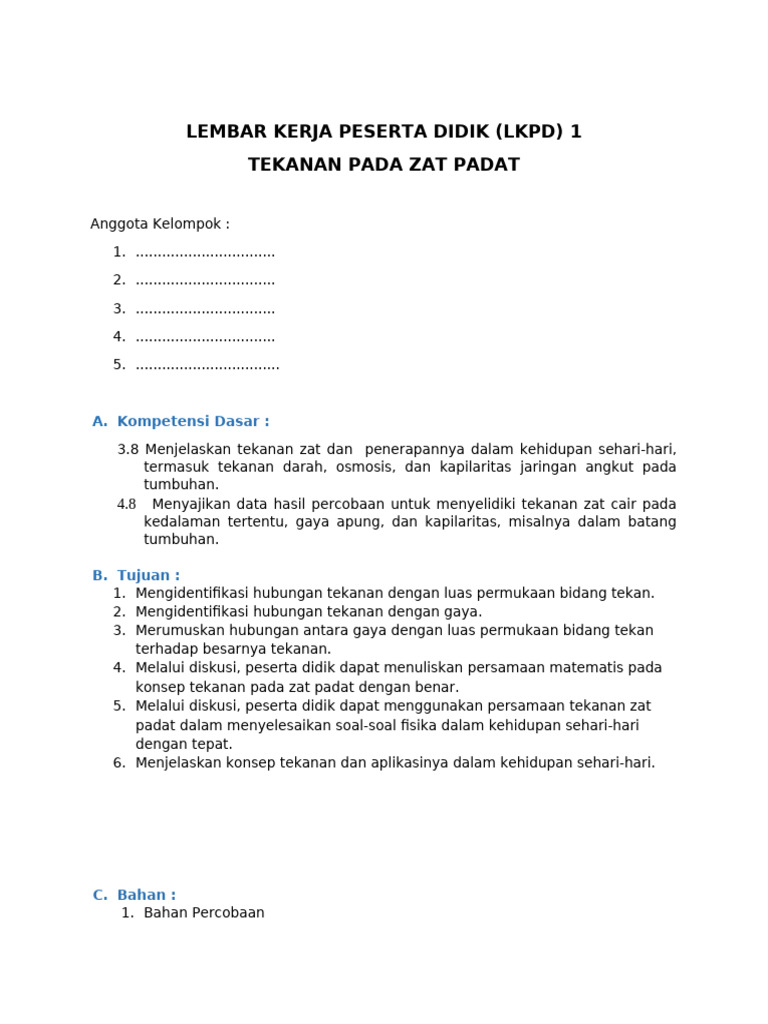 LKPD 1 Tekanan Zat Padat | PDF